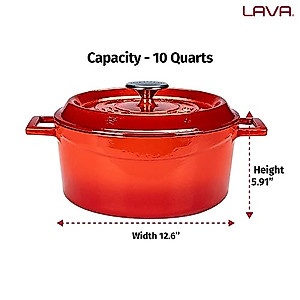 LAVA 10 Quarts Cast Iron Dutch Oven: Multipurpose Stylish Round Shape Dutch Oven Pot with Glossy Sand-Colored Three Layers of Enamel Coated Interior with Trendy Lid (Red)