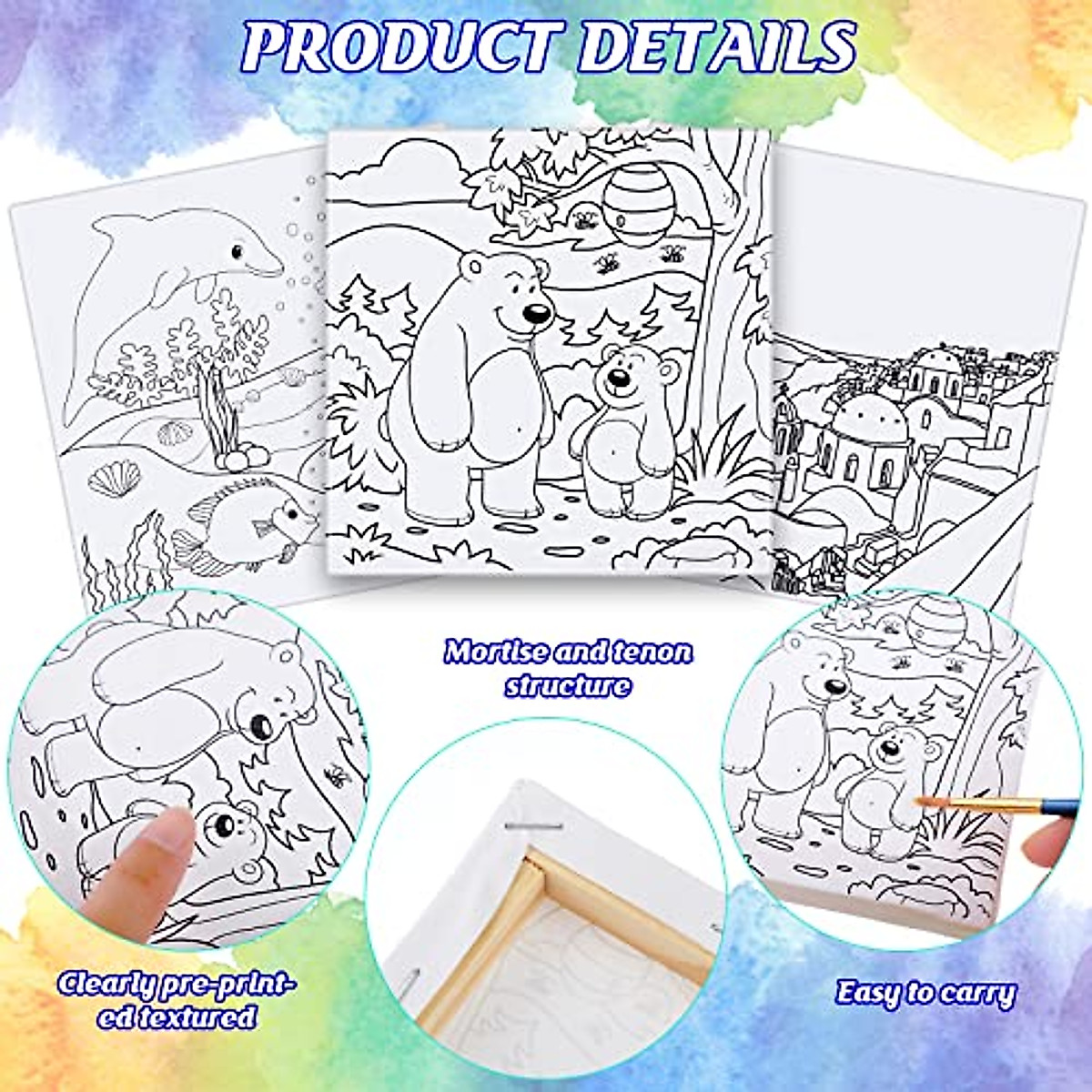 12 Pcs Pre Printed Stretched Canvas Stenciled Painting Canvas Panels Painting Canvas with Pictures to Paint 4 x 4 Inches Pre Drawn Canvas Kids Canvas Painting Set for Beginners Kid Student