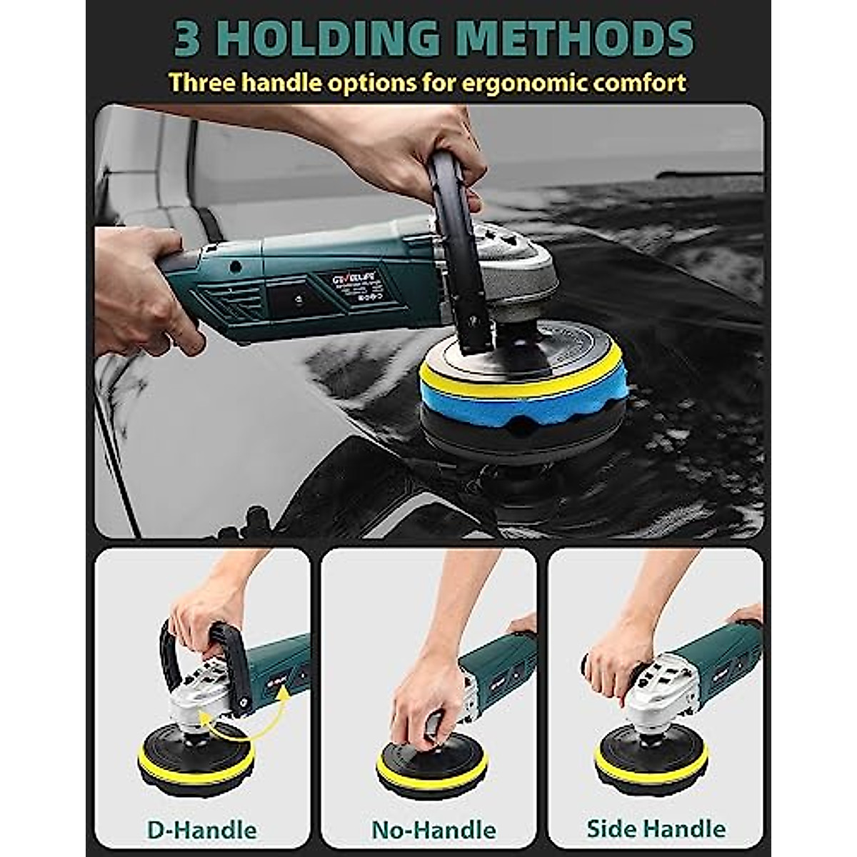 GEVEELIFE Buffer Polisher, 1600W 7 Inch/6 Inch Polisher, 7 Variable Speed 1000-3500 RPM Car Buffer Polisher Waxer with Adjustable Grip, Detachable Handle for Car, Boat Sanding, Polishing, Waxing
