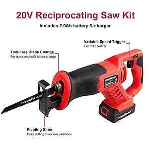PowerSmart 20V Cordless Reciprocating Saw with 2.0Ah Battery and Charger, 3pcs Wood Blades and 2pcs Metal Blades Included