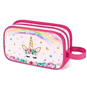 WAWSAM Rainbow Pink Toiletry Bag - Travel Toiletry Bag for Kids Girls Christmas Birthday Gift Camping Toiletry Case Toiletries Makeup Cosmetic Pouch Pink Water-resistant Wash Bag Dopp Kit with Pocket