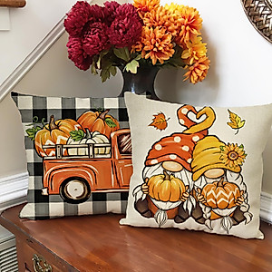 Fahrendom Fall Gnome Pumpkin Decorative Throw Pillow Covers 18x18 Set of 4, Autumn Truck Buffalo Plaid Check Porch Patio Outdoor Pillowcase, Maple Leaves Thanksgiving Farmhouse Cushion Case Home Decor