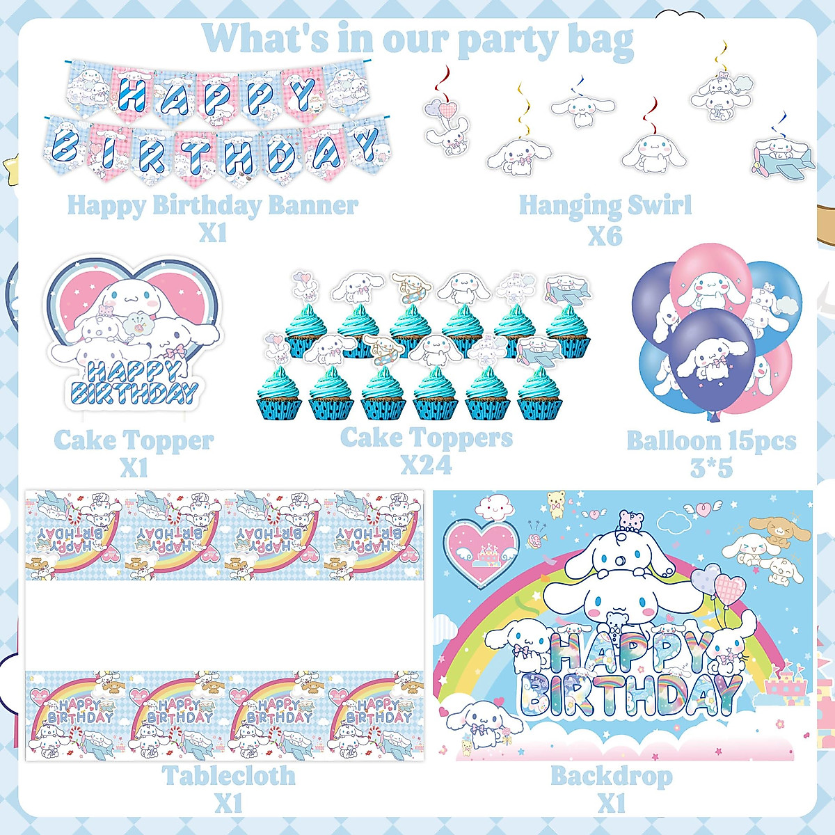Kawaii Birthday Party Supplies Decorations Include Happy Birthday Banner, Balloon, Backdrop, Tablecloth, Hanging Swirls for Girls Birthday Party Supplies