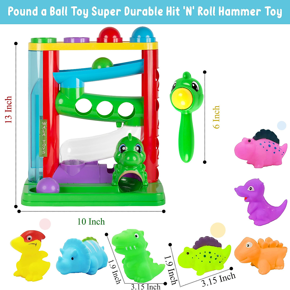 WALA - Pound a Ball Dinosaurs Toy - Super Durable Toddler Girls and Boys Toys - Comes with Ball Tower, Ball, Hammer, and 7 Dinosaur Toys for Kids - Educational Baby Hammer Toy - STEM Development