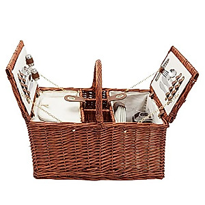 4 Person Wicker Picnic Basket Set with Utensils, Glasses, and Insulated Cooler Bag, Camping Essentials Outdoor Tableware for Family Gatherings