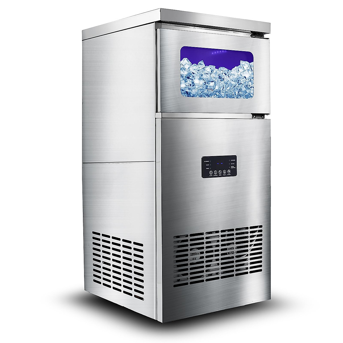 Commercial Ice Maker Machine, 130lbs/24H Under Counter ice Machine with 36lbs Ice Storage Capacity, 50 Ice Cubes/Cycle Stainless Steel Freestanding Ice Maker, Intelligent Operation, Automatic Cleaning
