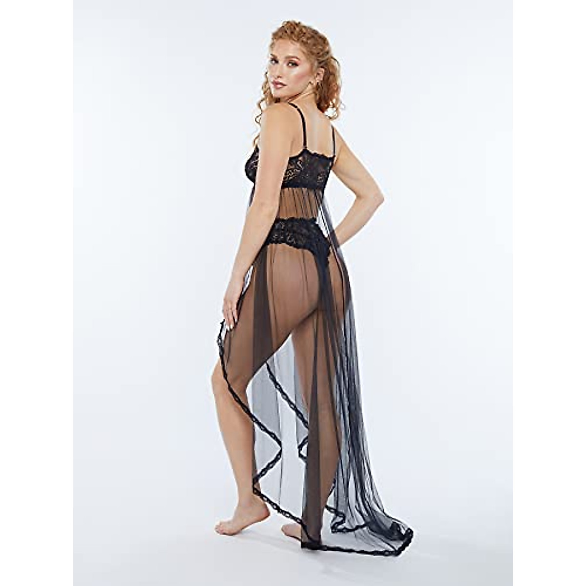 Savage X Fenty, Women's, Romantic Corded Lace & Tulle Maxi Slip, Caviar, M