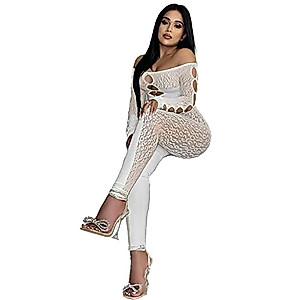 Uni Clau Women Off Shoulder Bodycon Jumpsuit Sexy Long Sleeve Mesh Sheer Long Pant Set Romper See-Through Playsuit White M