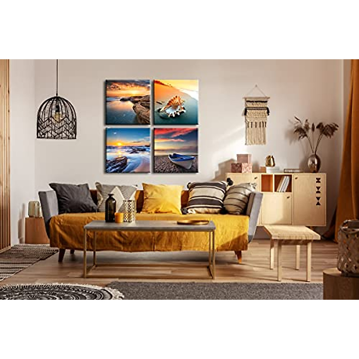 Pyradecor Sunset Sea Beach Modern Seascape Pictures Paintings on Canvas Wall Art 4 Panels Stretched Canvas Prints Artwork for Living Room Bedroom Home Office Decorations