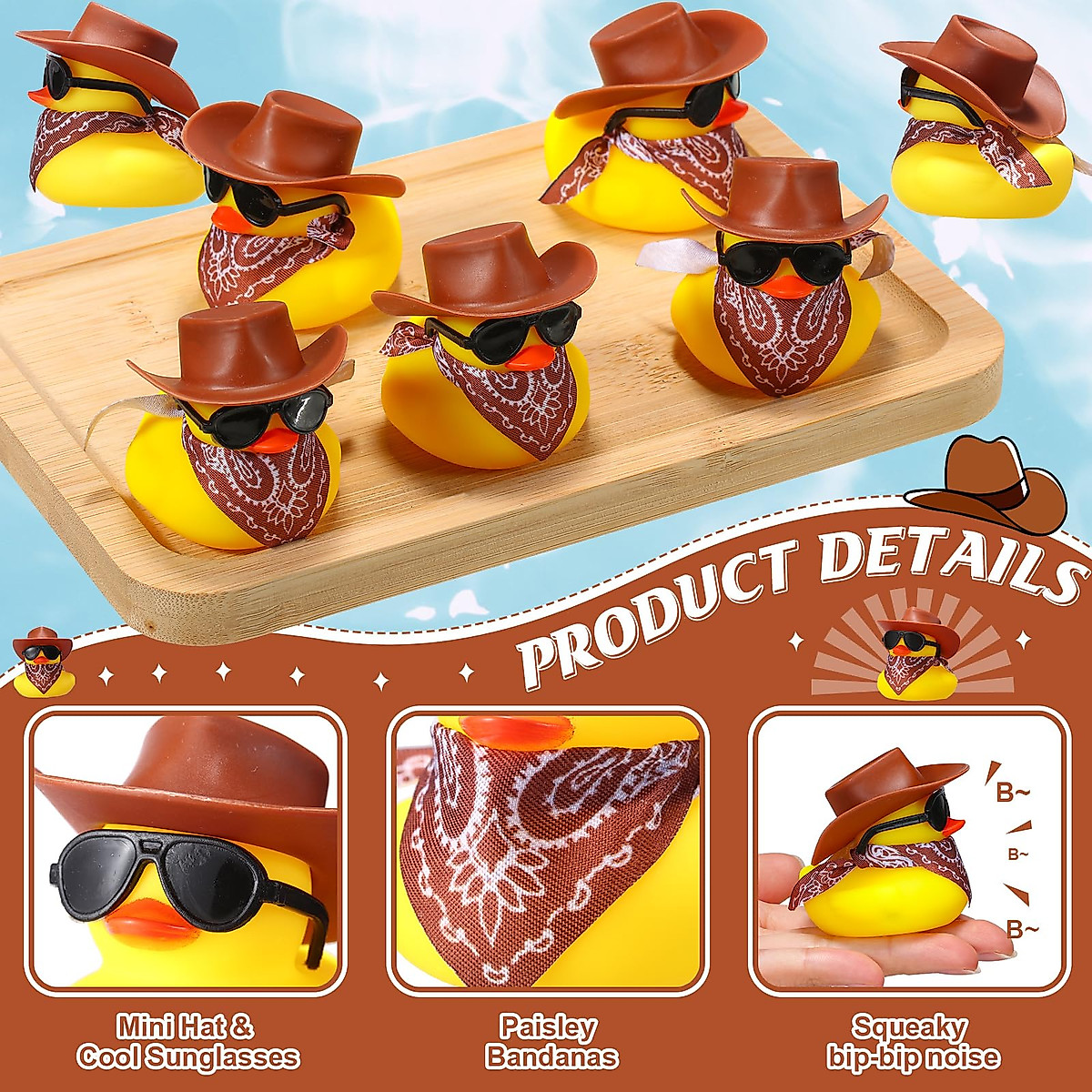 24 Set Cowboy Rubber Duck Mini Yellow Duckies Bath Party Toy Tiny Ducks Bathtub Toy with Cowboy Hat Paisley Bandanas Sunglasses for Summer Baby Shower Birthday Swimming Party Favor (Classic Style)