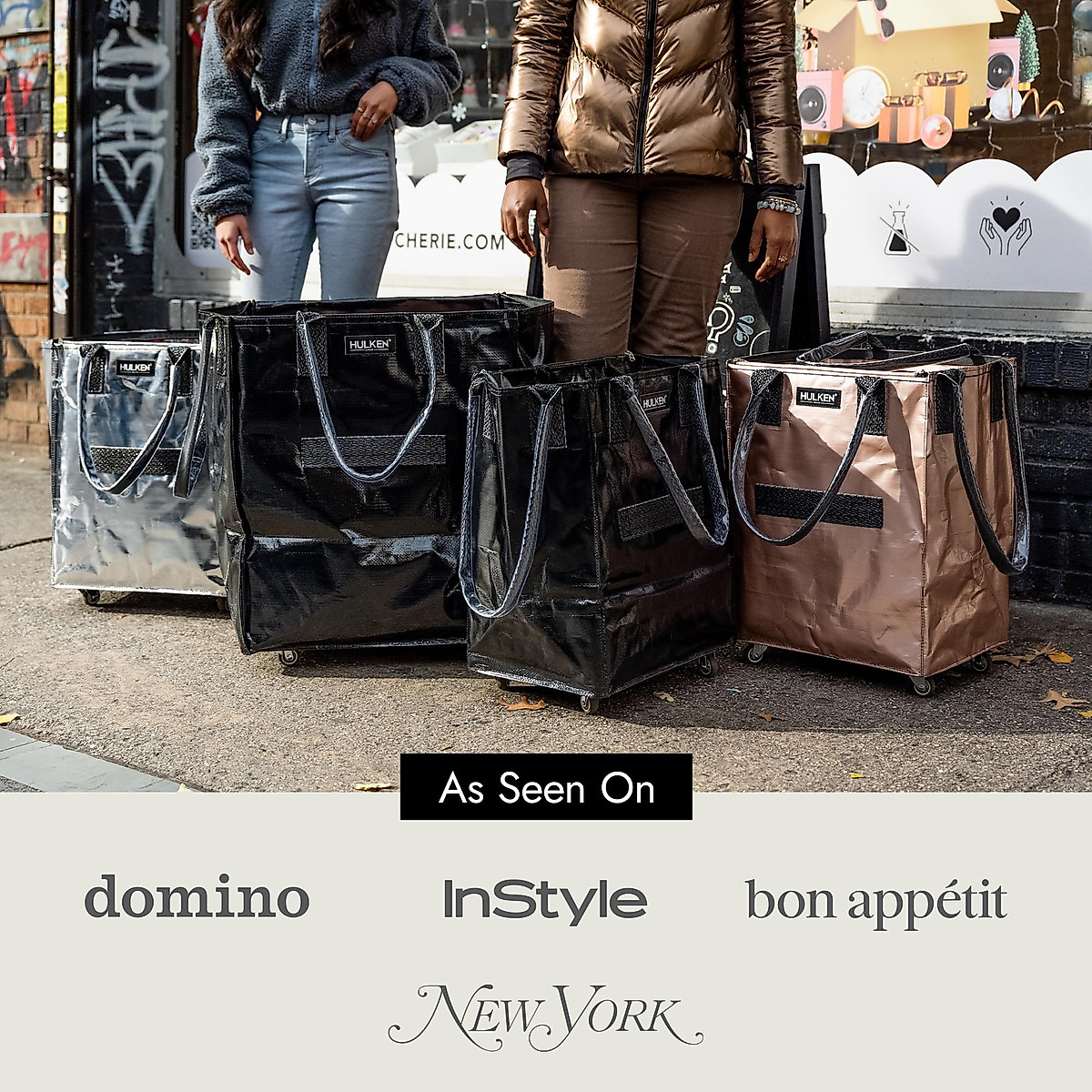 HULKEN - (Medium, Rose Gold Reusable Grocery Bag On Wheels, Shopping Trolley, Lightweight, Carries Up To 66 lb, Folds Flat, Unbreakable Handles