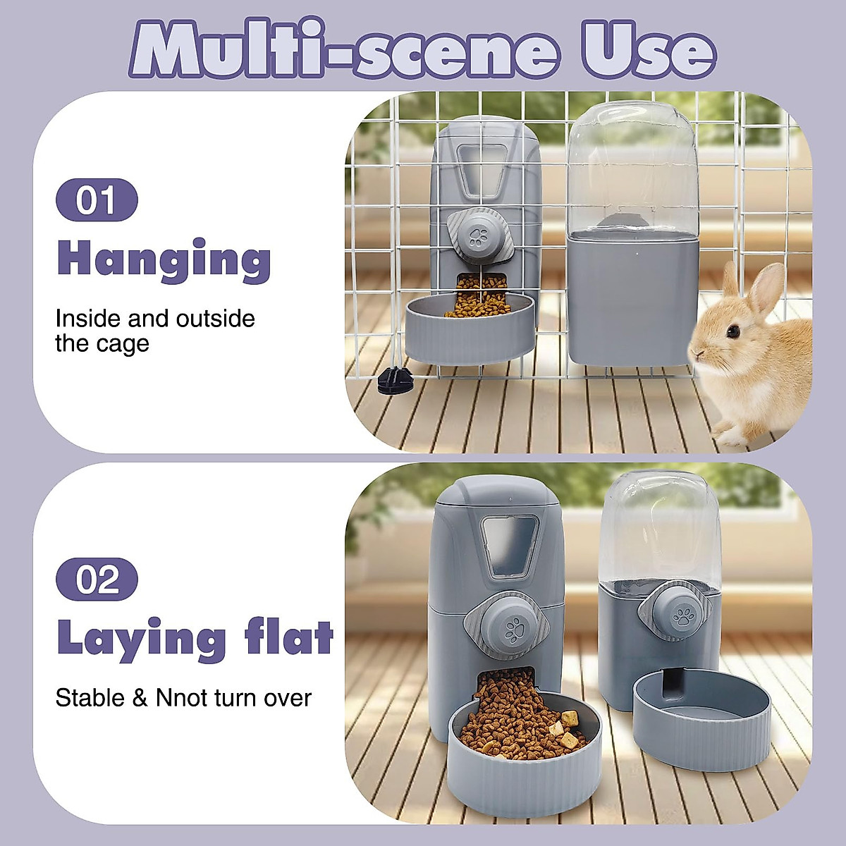 Apatal Hanging Automatic Rabbit Food and Water Dispenser for Cage, Gravity Bunny Pellet Feeder Plastic Small Animal Feeding & Watering Supplies for Ferret Puppy Kitten Guinea Pig Crate (Gray)