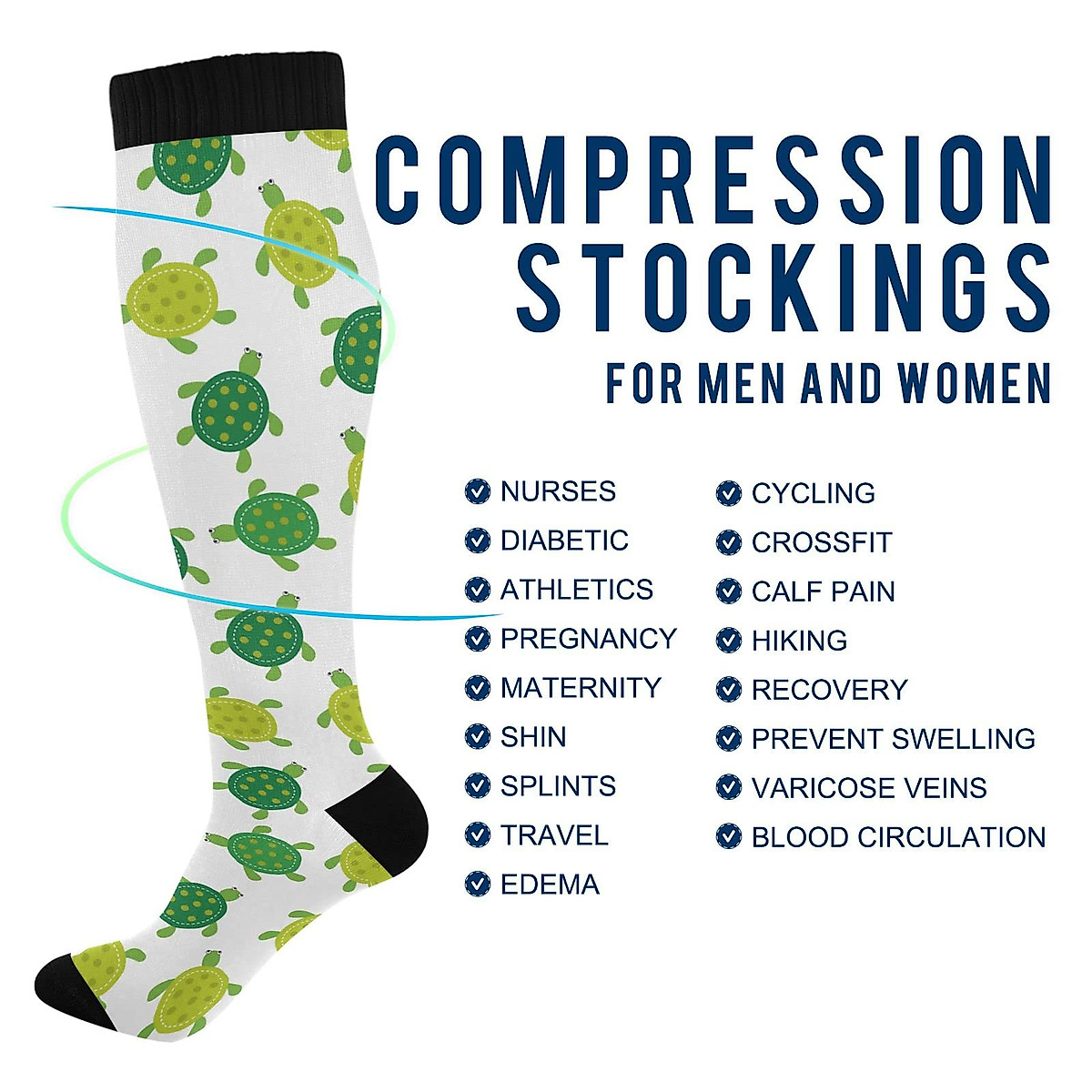 Kigai 1 Pair Cute Turtle Design Compression Socks 20-30mmHg Knee High Women Socks Tube Athletic Stockings for Men Sport Soccer Running Cycling Medical Nurse Winter Travel