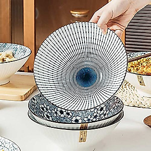 QINLANG 38 oz Japanese Ramen Bowls, Cereal Bowls, Soup Bowls, Pho Bowls, Noodle Bowls, Blue and White Ceramic Bowls Set of 4, 8 inches