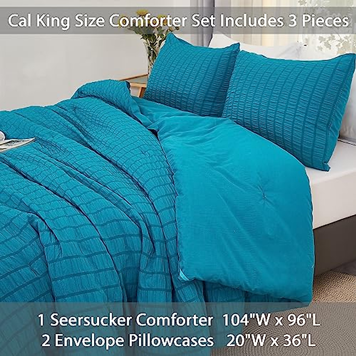AveLom Teal Seersucker California King Comforter Set (104x96 inches), 3 Pieces-100% Soft Washed Microfiber Lightweight Comforter with 2 Pillowcases, All Season Down Alternative Bedding Set