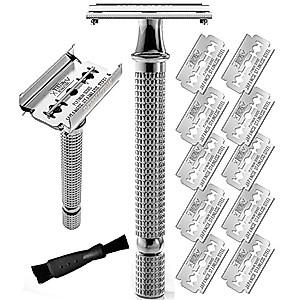 Viking Revolution Long Handle Double Edge Safety Razor - Butterfly Open Razor with 10 Japanese Stainless Steel Double Edge Safety Razor Blades - Close, Clean Shaving Razor for Men (Chrome Metal Razor)