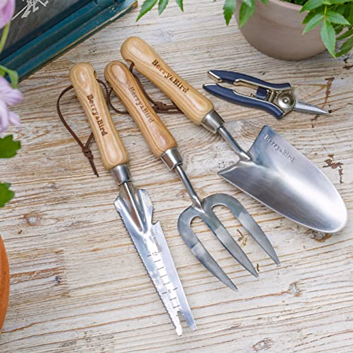 Berry&Bird Garden Tool Set, 4 PCS Stainless Steel Heavy Duty Gardening Tool Kit Includes Hand Trowel, 5 in 1 Shovel, Pruning Shears and Hand Fork with Ash Wood Handle for Weeding Transplanting Digging