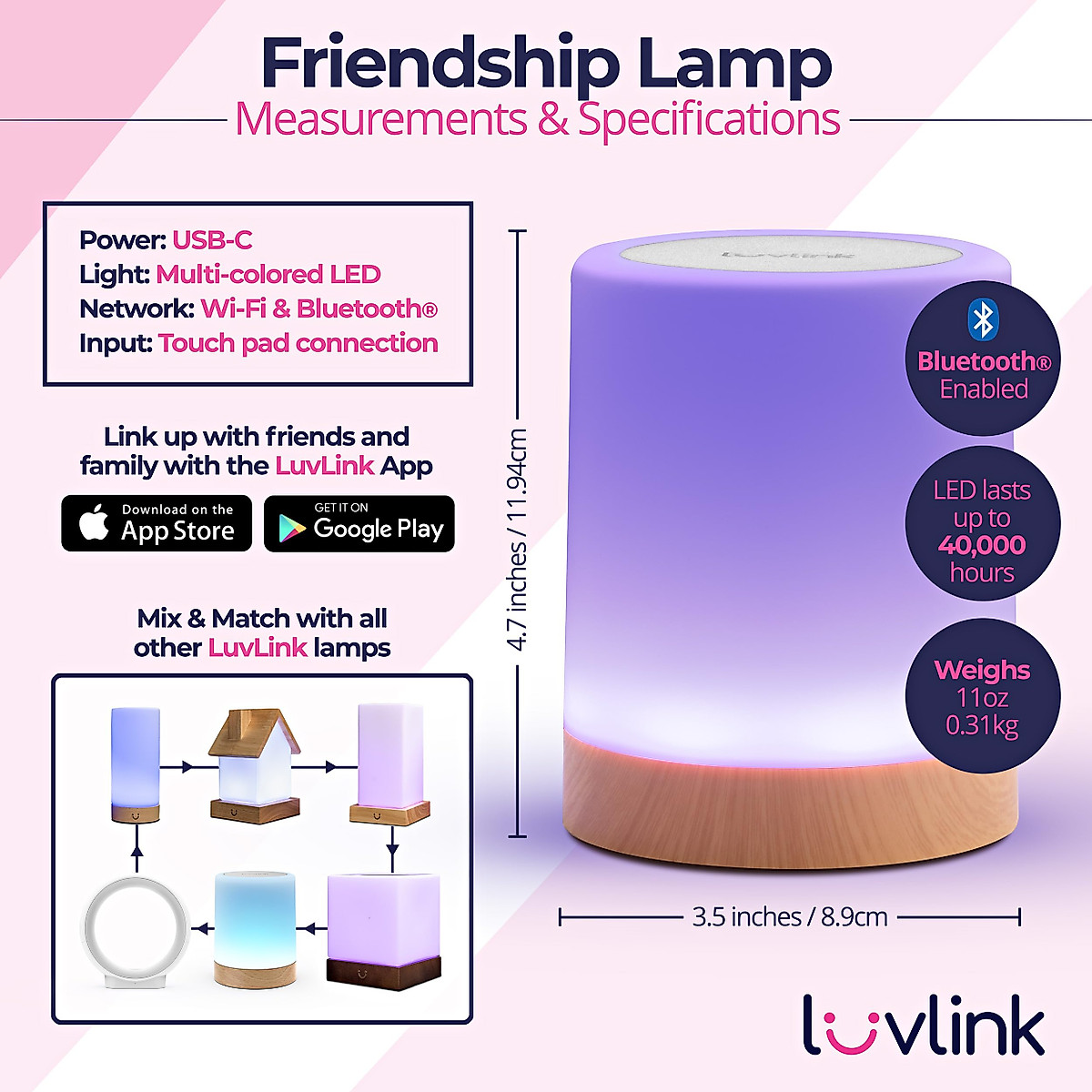 LuvLink Friendship Lamp v2.0 - Extended WiFi Range - Simple Bluetooth Setup (Set of Three)