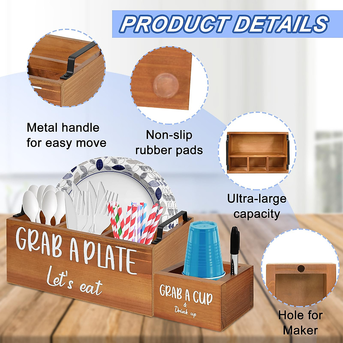 MEMOORIAL Paper Plate Dispenser, Kitchen Countertop Paper Plate Holder, Wood Rustic Silverware Utensil Caddy, Disposable Dish and Cup Holder Utensil Caddy for Kitchen, Party, BBQ