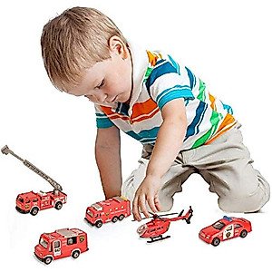 BOHS 5-Pack Fire & Emergency Rescue Vehicles Set - Die-Cast Metal Miniatures - Aerial Ladder Firetruck, Rescue Helicopter, Water Tank Fire Engine, Patrol Car & Command Center