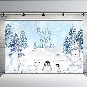 MEHOFOND 7x5ft Winter Baby Shower Backdrop Baby It's Cold Outside Background Blue Watercolor Artic Animals Penguin Baby Shower Party Banner Decorations Photo Booth Props
