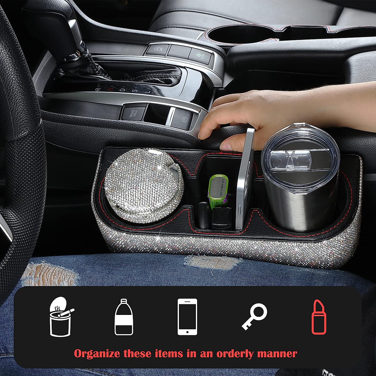 Drink Holder Console Side Pocket,Auto Front Seat Organizer Car Console and Seat Gap Cup/Mobile Phone Holder Storage Box,Large Capacity with 3 Cup Holders,1 - Pack