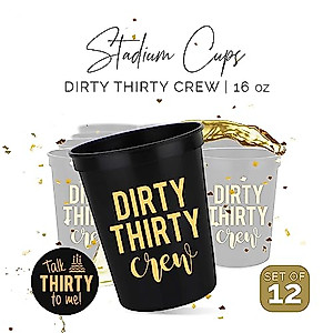 Dirty Thirty Crew 30th Birthday Party Cups and 1"Talk Thirty to Me" Button, Set of 12, 16oz Black and Gold 30th Birthday Stadium Cups, Perfect for Birthday Parties,Birthday Decorations (Regular)
