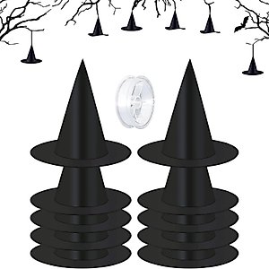 10pcs Halloween Witch Hat Costume Accessories Decorations with Hanging Rope, Hanging Wizard Hat for Halloween Party, Floating Front Porch Yard Indoor Outdoor Hat Decoration Party Supplies (Black)