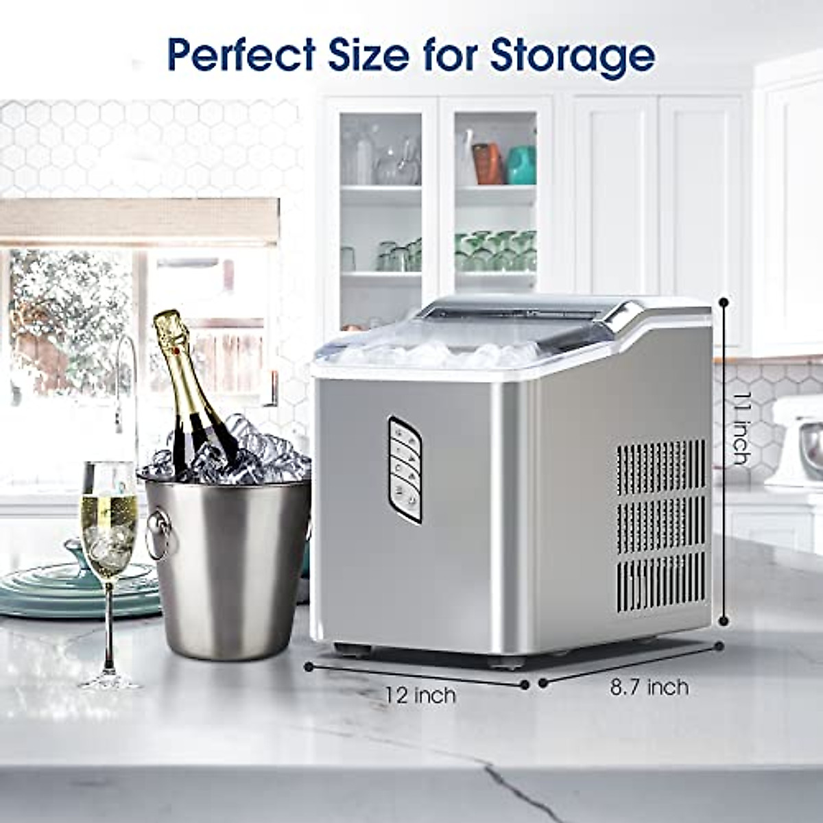 Ice Makers Countertop, Portable Ice Maker, 26lbs/24Hrs 9 Bullet Ice Cubes Ready in 7 Mins, Self-Cleaning Function, L&S Size, with Ice Scoop and Basket, Perfect for Party, Silver