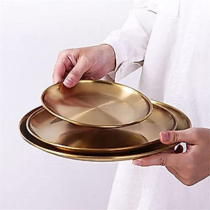 Retro Metal Round Gold Tray, Western Steak Round Serving Dishes, Stainless Steel Dining Plate, European Style Serving Cake Tray Kitchen Tool(23cm)