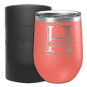 Personalized 12oz (17 Colors) Powder Coated Stainless Steel Stemless Wine Tumbler with Lid, Custom Etched, Customized Gift for Women Her, Wine Lover, Halpert Monogram Initial Name (Coral)