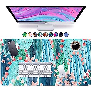 French Koko Large Mouse Pad Long Desk Mat Keyboard Pad Desktop Accessories Home School College Decor Supplies Pretty Extended Mousepad Big Office Essentials Women Girls XL Plant Pink Green Cute Cactus
