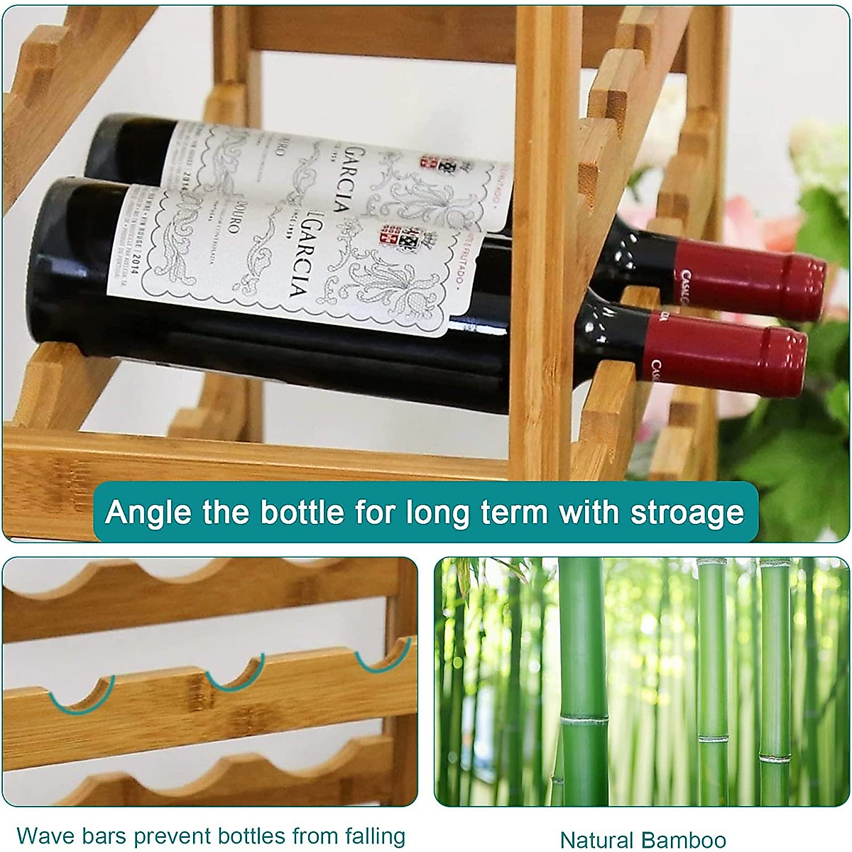 KINTNESS 36 Bottle Bamboo Wine Rack, FreeStanding Display Storage Rack Wine Display Shelf w/Countertop