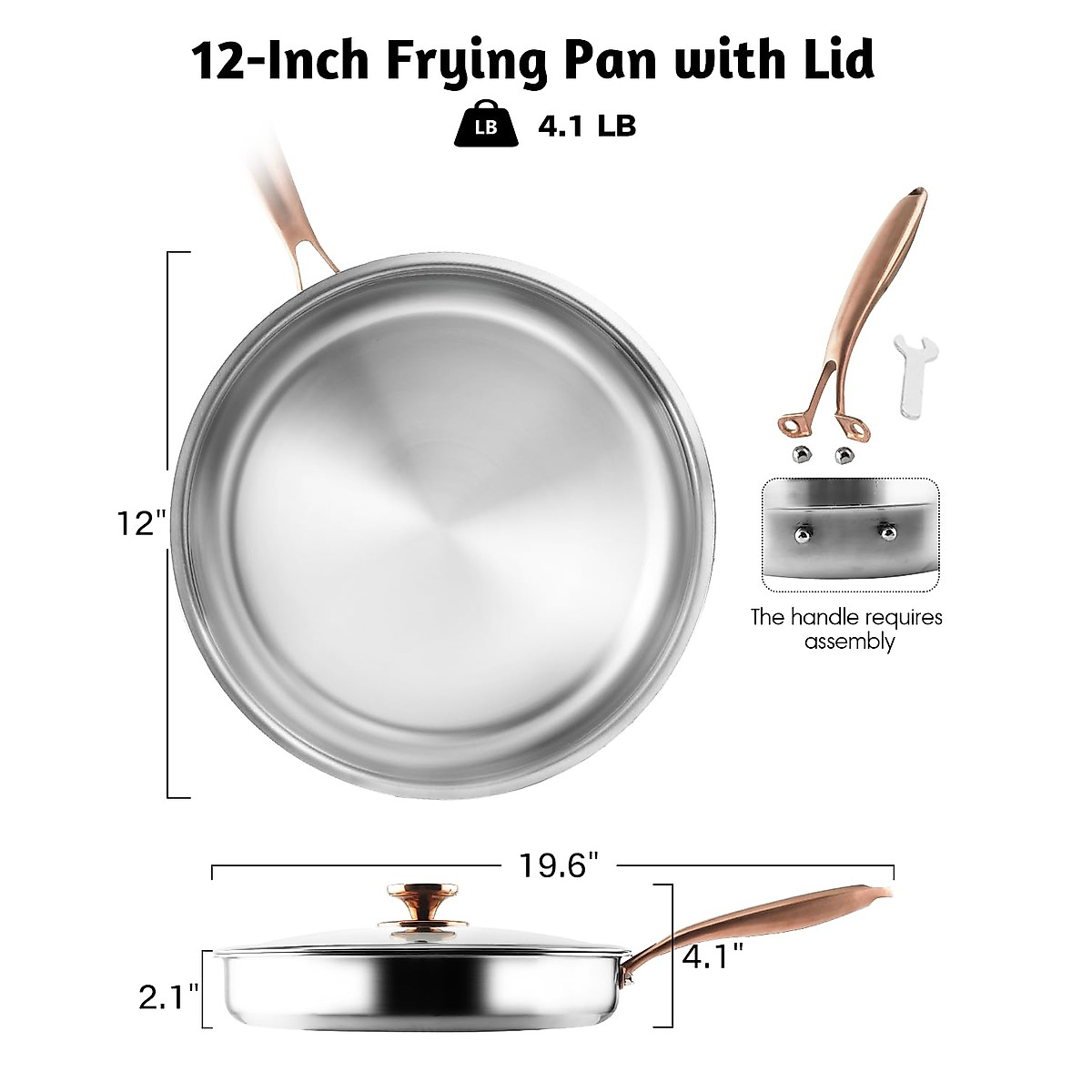 Bakpoco Tri-Ply Stainless Steel Pan with Lid, 12 inch Frying Pan Fully Clad Sauté Pan Induction-Ready Skillet Up to 600℉, 18/10 Stainless Steel Clad Pan with Copper Handle