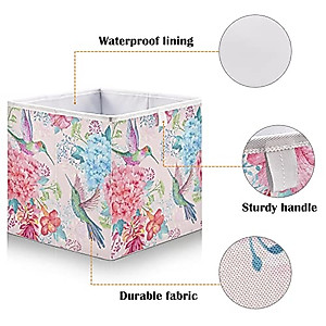 Kigai Tropical Flowers Hummingbirds Open Home Storage Bins, for Home Organization and Storage, Toy Storage Cube, Collapsible Closet Storage Bins, with Small Handles, 11.02"L x 11.02"W x 11.02"H
