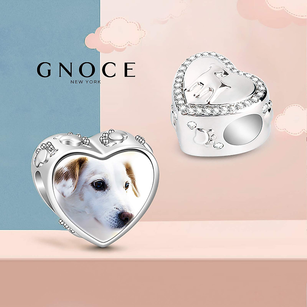 GNOCE Custom Photo Charms Bead For Dog Personalized Photo Animals Charm 925 Sterling Silver Pendant for Bracelets (Pet)