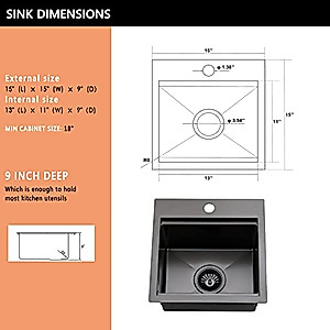 15 Inch Bar Sink Drop In Workstation - HACHENL 15x15 Inch Small Bar Prep Sink Drop in Topmount Kitchen Sink Black 16 Gauge Stainless Steel Single Bowl Outdoor or Bar Sink With Grid&Drain&Cutting Board