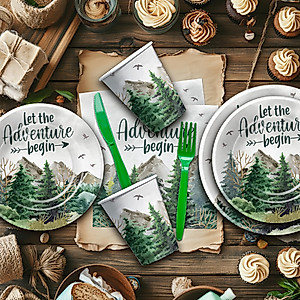 HIPVVILD Let The Adventure Begin Baby Shower Decorations Tableware - Adventure Awaits Party Decorations, Plate, Cup, Napkin, Cutlery, Mountain Forest Woodland Camping Travel Party Supplies | Serve 24