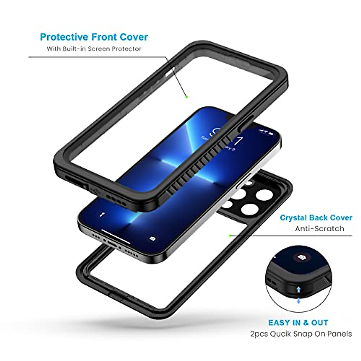 Lanhiem for iPhone 13 Pro Max Case, IP68 Waterproof Dustproof Shockproof Cases with Screen Protector, Full Body Protective Front and Back Cover for iPhone 13 Pro Max - 6.7 inch (Black)