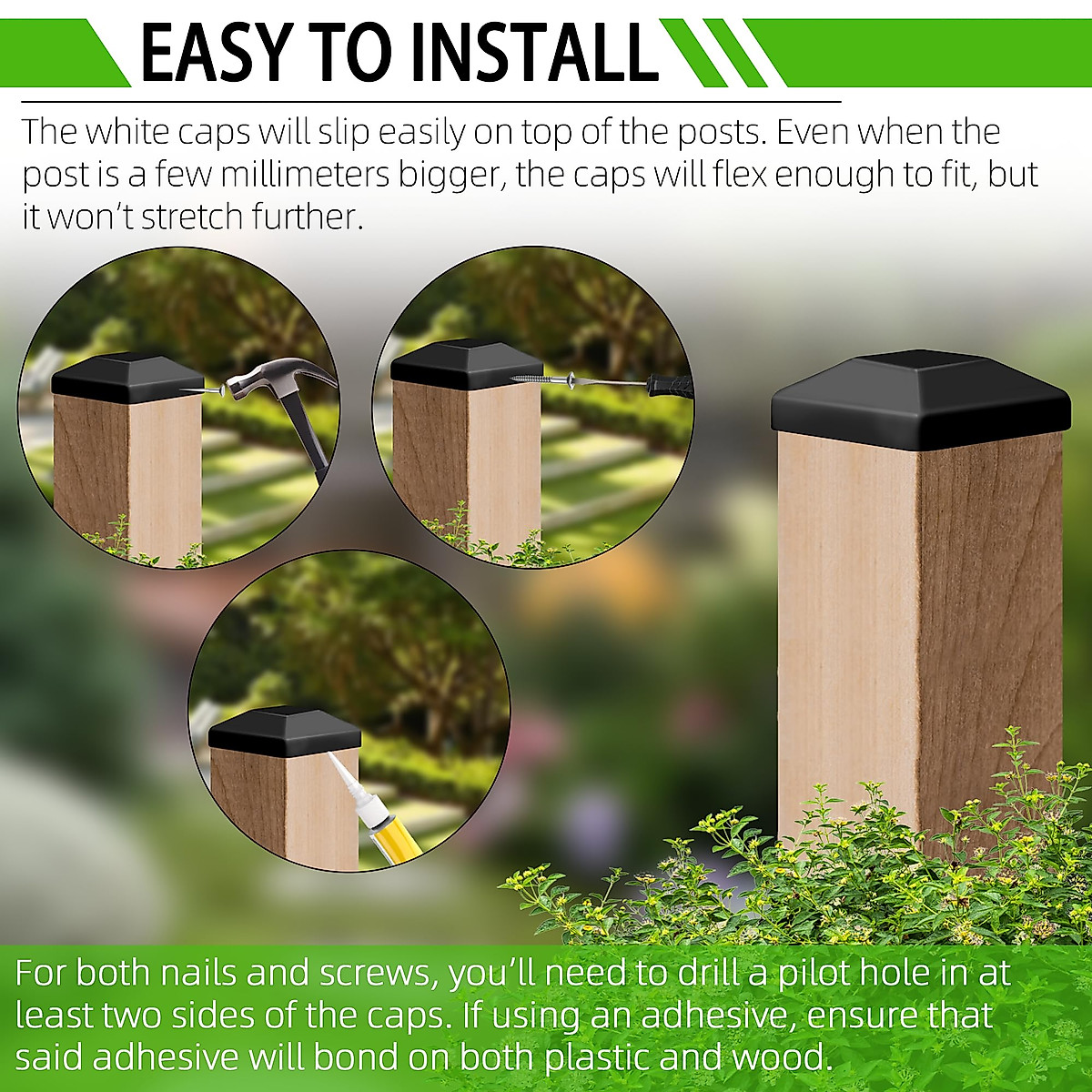 TonGass (6-Pack, Black) 4x4 (3 5/8") Wood Fence Post Caps - Wooden Fence Deck Post Covers - Durable Plastic Water-Proof and UV-Proof - Protect Wooden Fence Poles from Cracking and Rotting