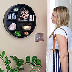 Moon Shelf for Crystals - Large 17" Black Moon Wall Decor for Bedroom, Nursery Shelf, Moon Decor – Witchy Decor - Wood Hanging Shelf Boho Crystal Display Shelf & Essential Oils Gifts for Women