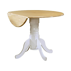 Benjara Giva 40 Inch Round Drop Leaf Dining Table, Top, Pedestal Base, Brown, White