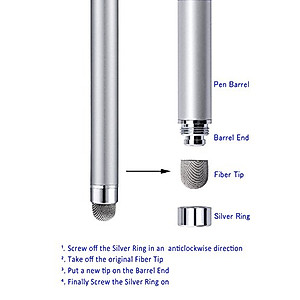 CCIVV Stylus, 4 Pcs 5.0 Inches Hybrid Mesh Fiber Tip Stylus Pens for Touch Screen, Compatible with iPad, iPhone, Kindle Fire + 4 Extra Replaceable Hybrid Fiber Tips (White, Black, Silver, Blue)