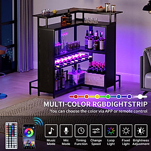 YITAHOME L Shaped Mini Home Bar Unit for Living Room with Music Sensing LED Light, Tall Bars Furniture Table with Wine Rack Alcohol Storage Glasses Hanger Footrest for Kitchen Pub, Black