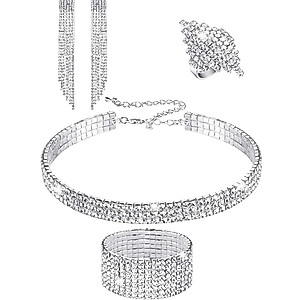 Women Rhinestone Stretch Bracelet Bangle Crystal Rhinestone Necklace Ring Dangle Fringe Earrings (Silver)
