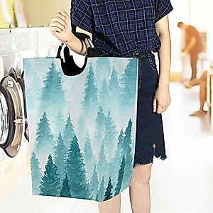 visesunny Collapsible Laundry Basket Blue Forest Large Laundry Hamper Oxford Fabric Dirty Clothes Toy Organizer with Handle for Bathroom Kids Room Dorm