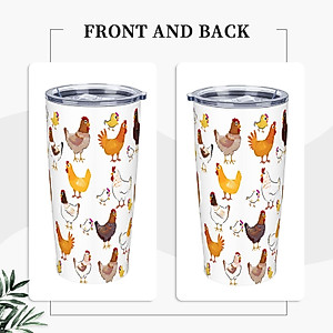 CHASOEA Chicken Tumbler 20oz Rooster Hen Stainless Steel Insulated Tumblers with Lid and Straw Animal Travel Coffee Mug Tea Wine Cups Water Bottle Chicken Gifts for Women Chicken Lovers, White yellow
