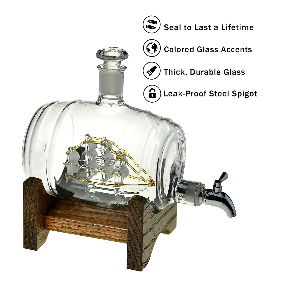 Bourbon Barrel Whiskey Decanter With Ship - 1000ml Liquor Dispenser - Sailing/Boating Gifts for Men and Women, Nautical Decor Retirement Gift (Tomoka Gold)