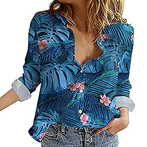 Button Down Shirts for Women Collared Long Sleeve Loose Fall Blouses Hawaiian Loose Fit Spring Casual Patterned Trendy Boho Print Cottagecore Tunic Tops Autumn Summer Flower Palm Leaves Dark Blue
