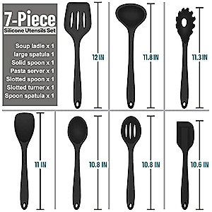 Silicone Cooking Utensils Set, E-far 7-Piece Black Heat Resistant Kitchen Utensils Set, Kitchen Nonstick Tools Spatula Ladle Spoon Pasta Server for Non-stick Cookware, Non-Toxic & Dishwasher safe